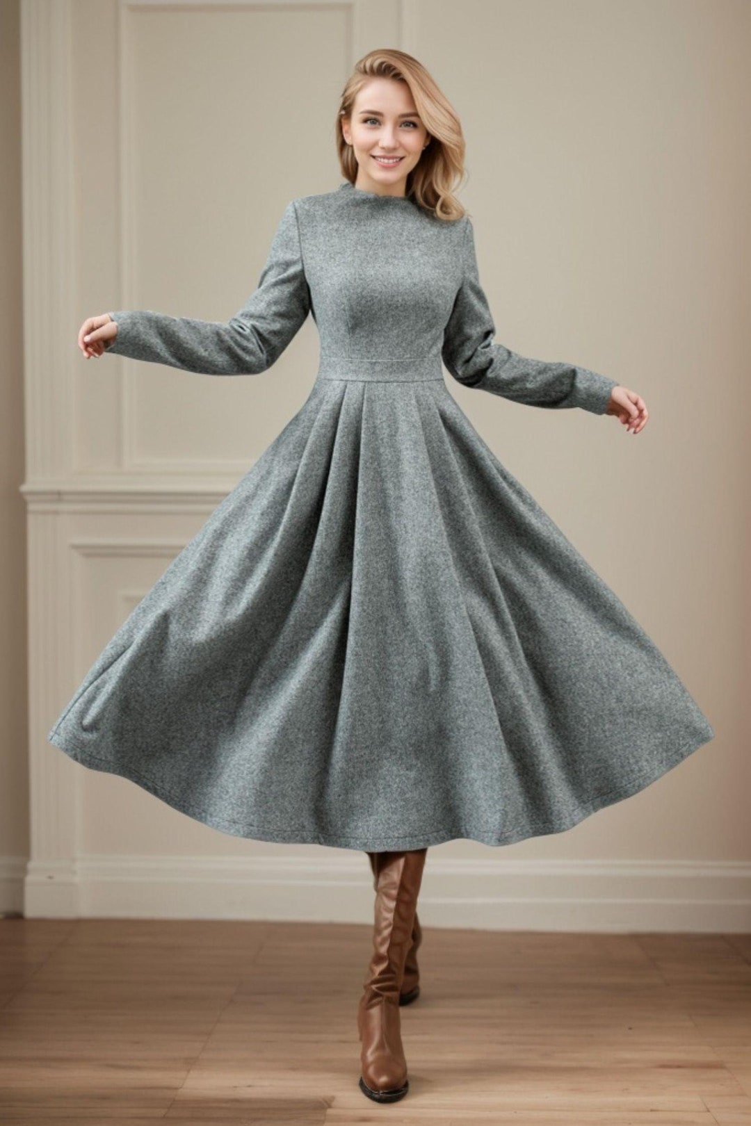 Wool Dress, Swing Wool Dress Women, Gray Pleated Wool Dress, Long ...