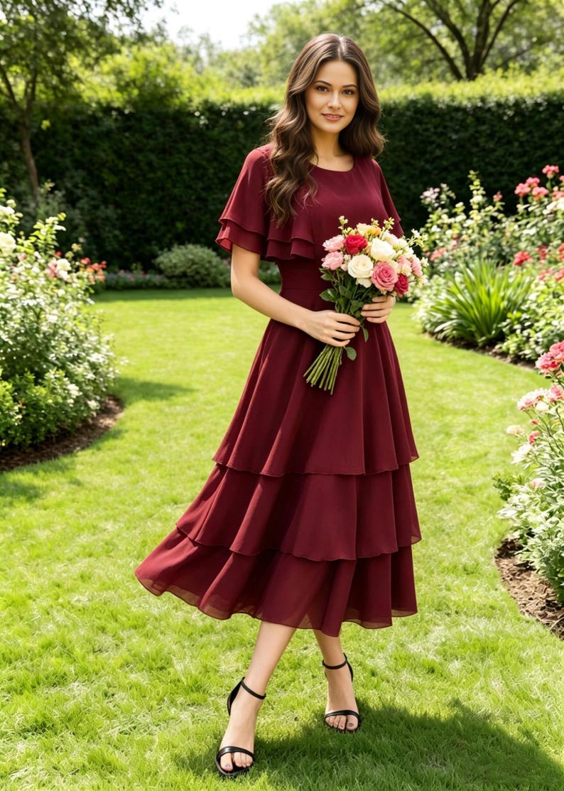Burgundy Tiered Chiffon Midi Dress for Wedding Guest, Flutter Sleeve ...