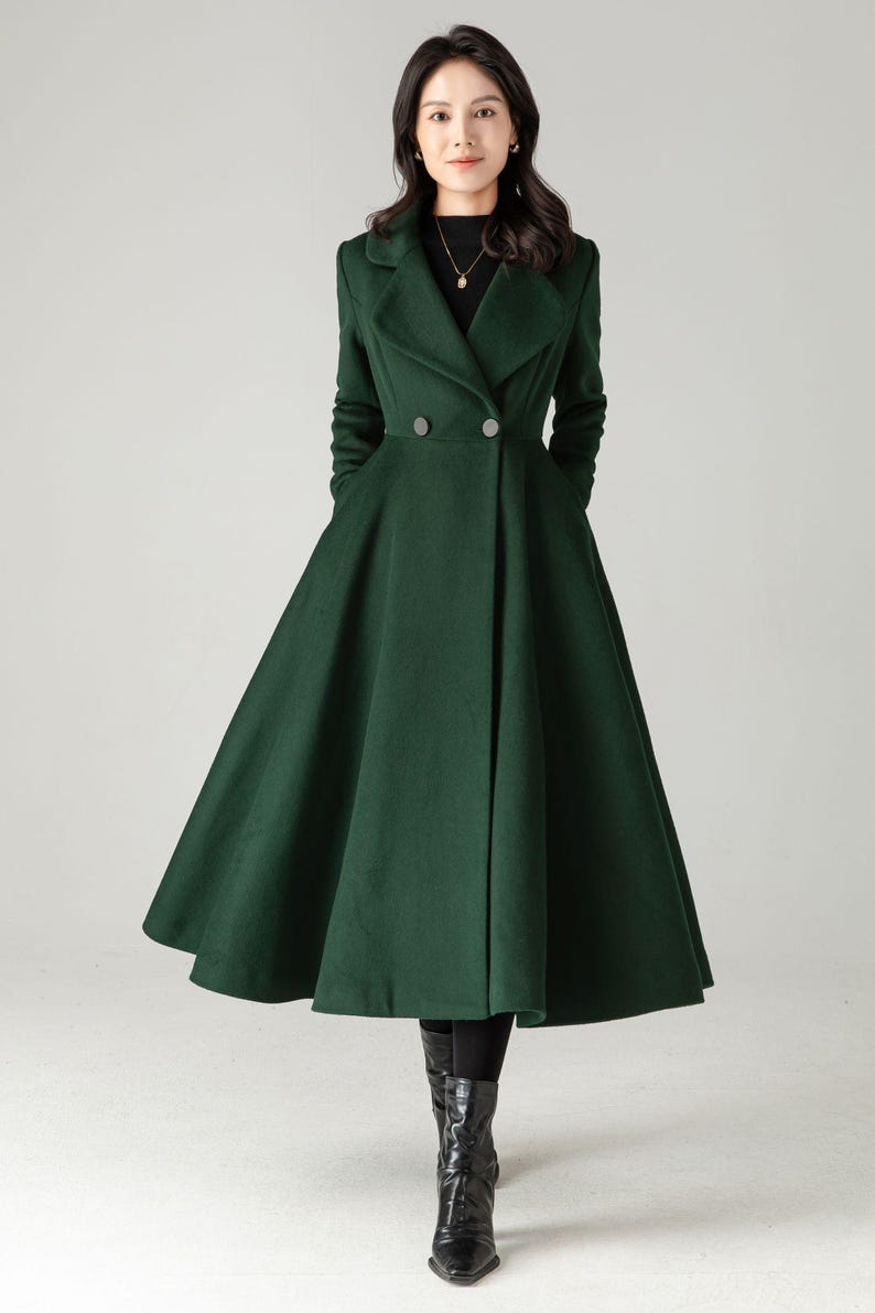 Emerald Green Wool Coat: Elegant Women's Swing Long Flared Trench Coat ...