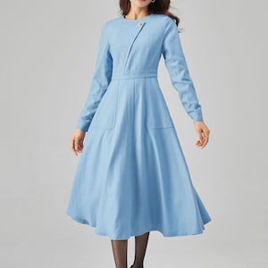 Blue Wool Dress, Winter Dress Women, Fitted Dress, Dress With Pockets ...