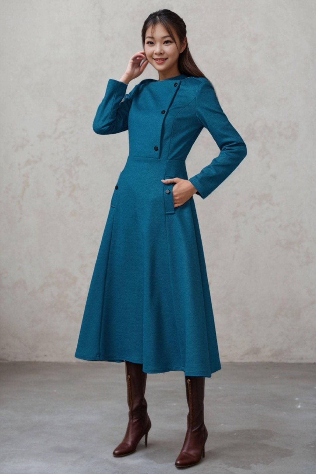 Blue Wool Dress, Womens Winter Dress, Womens Dress, Long Wool Dress ...