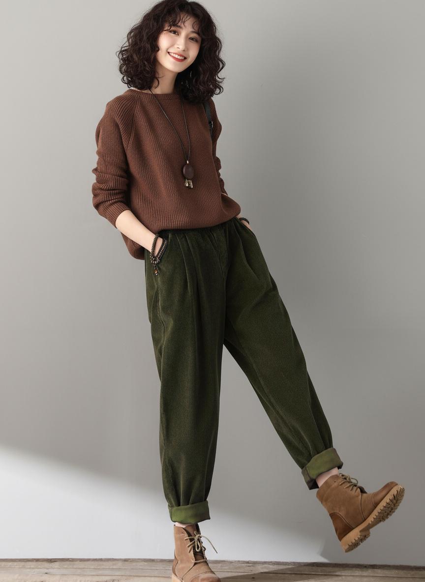 Olive Green Corduroy Harem Pants: Women Oversized Boho Trousers ...