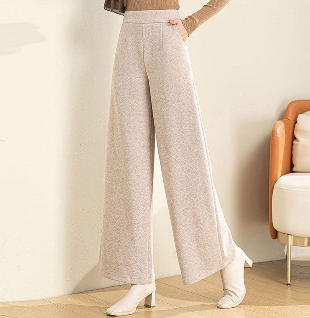 Wide Leg Wool Pants, Beige Wool Palazzo Pants, Cropped Wool Pants, High ...