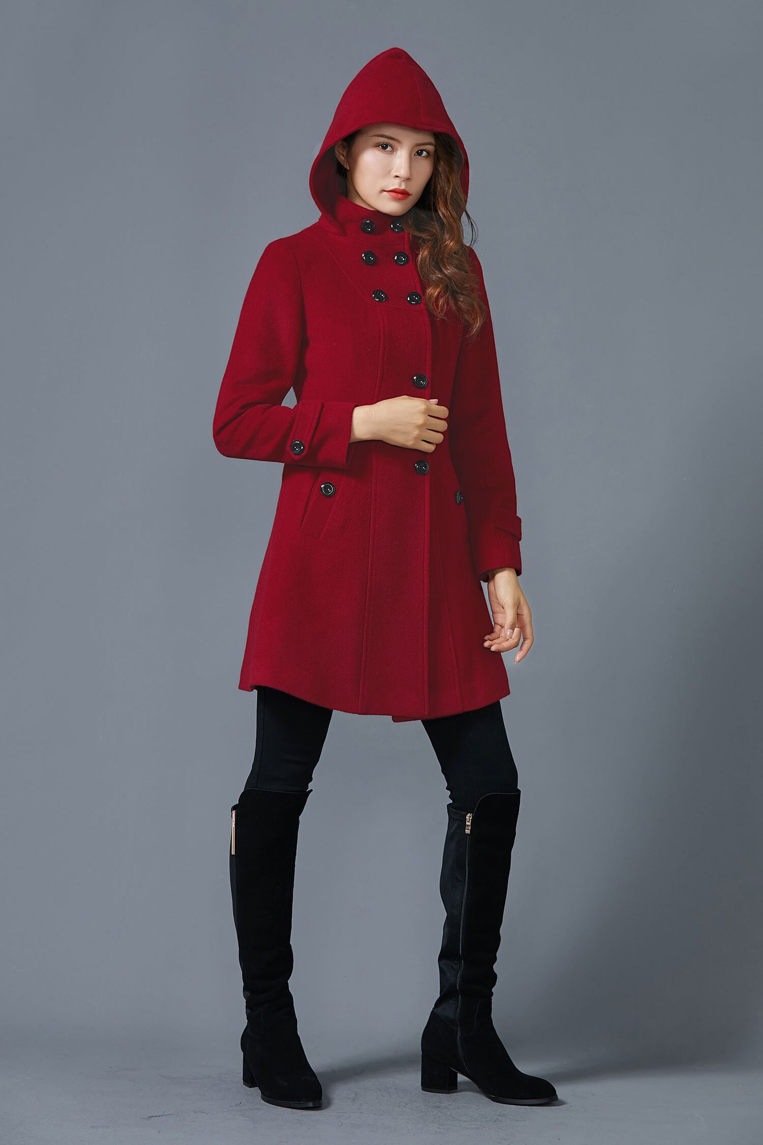 Hooded wollen jas vrouwen rode jas voor de winter single - Etsy Nederland