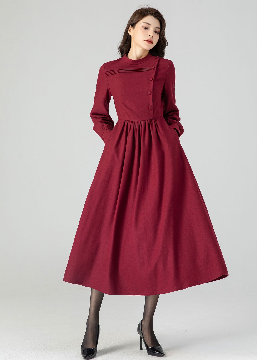 Winter Wool Dress, Fit and Flare Dress, Pleated Dress, Midi Wool Dress ...