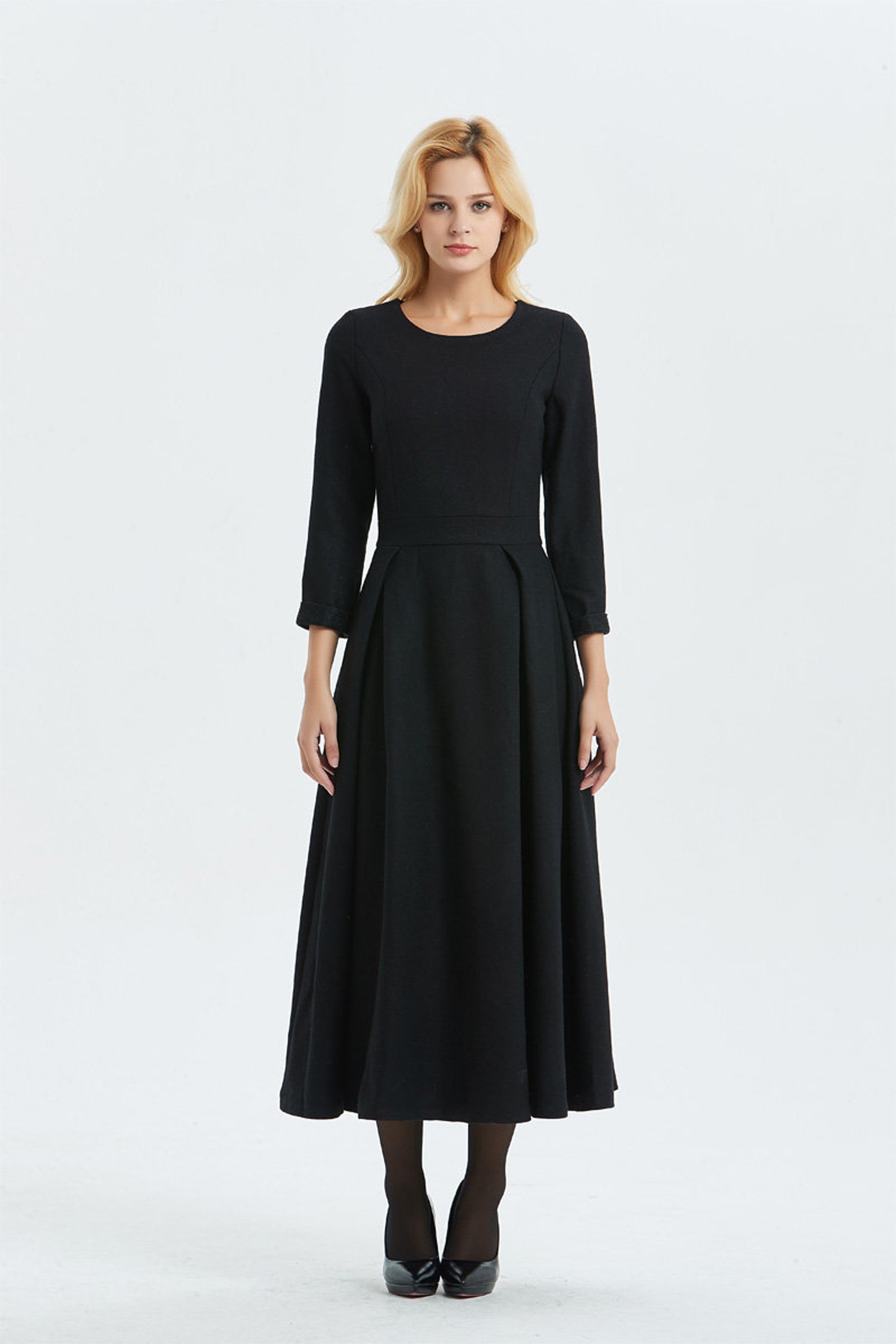 Black wool dress Long wool dress winter dress womens dress | Etsy