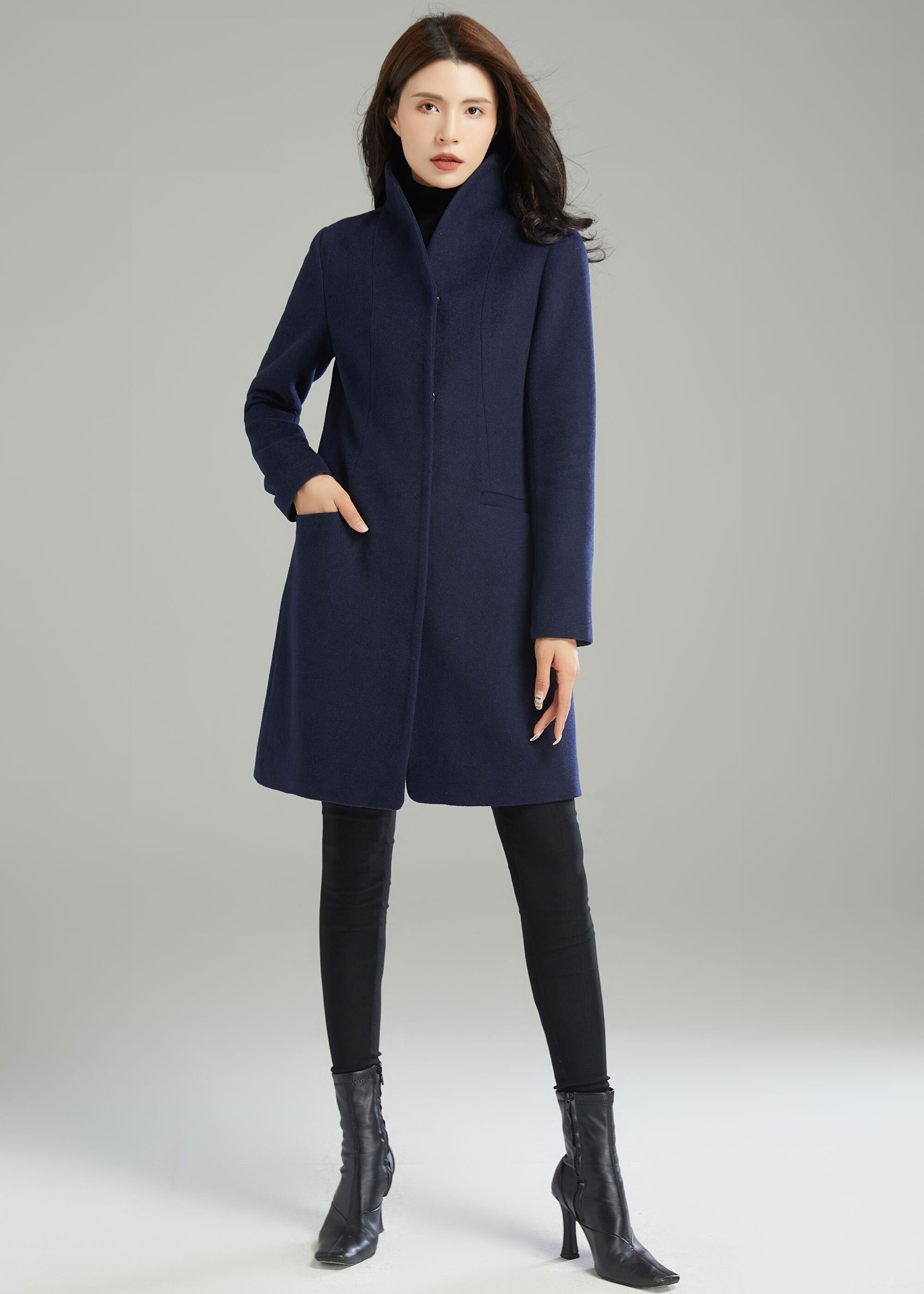 Women's Stand-collar Coat Dark Blue Wool Short Jacket, Warm Women's Stand-collar Coat Dark Blue Wool Short Jacket, Warm