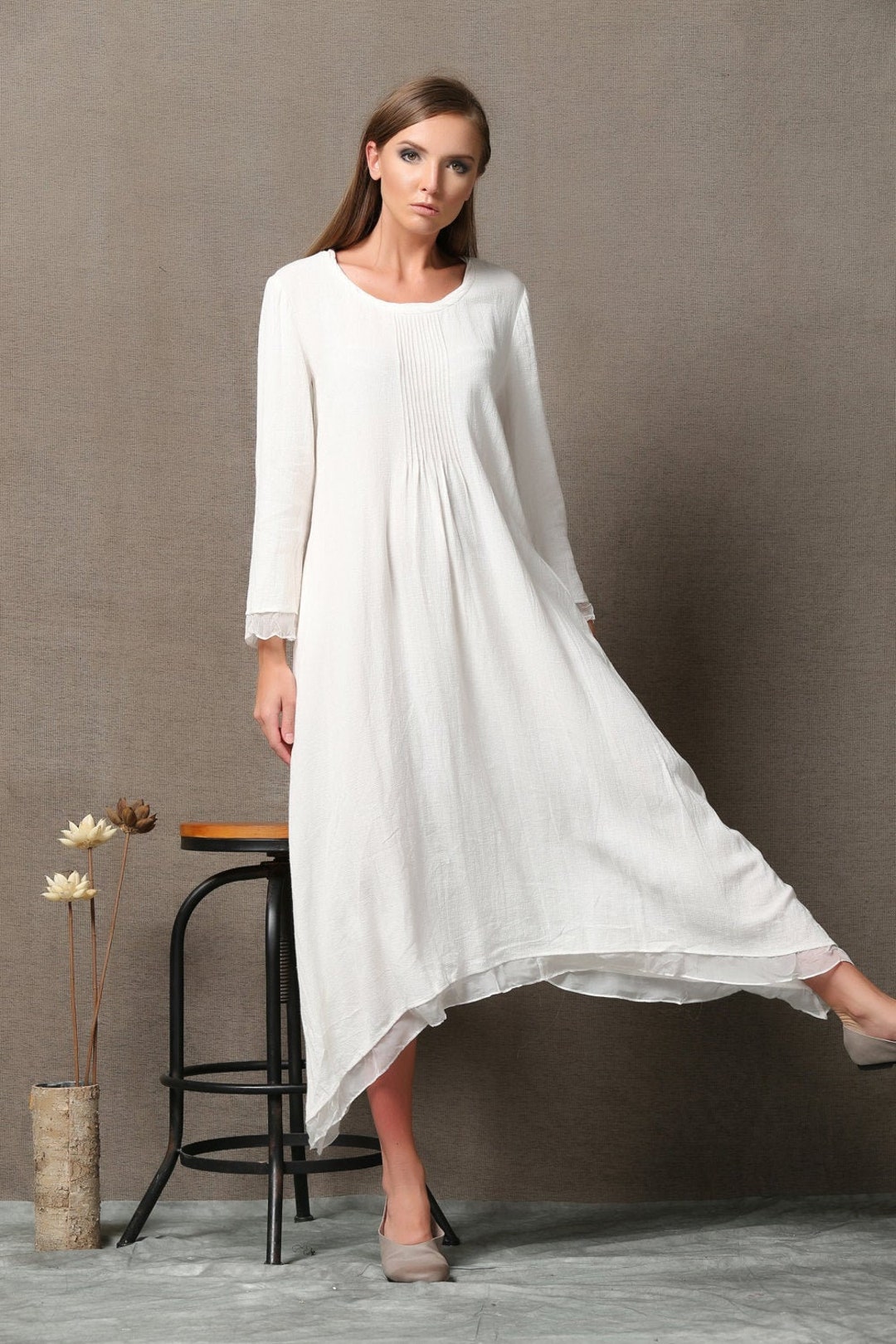 White Dress Women - Lagenlook Layered Linen & Chiffon Relaxed-fit Long ...