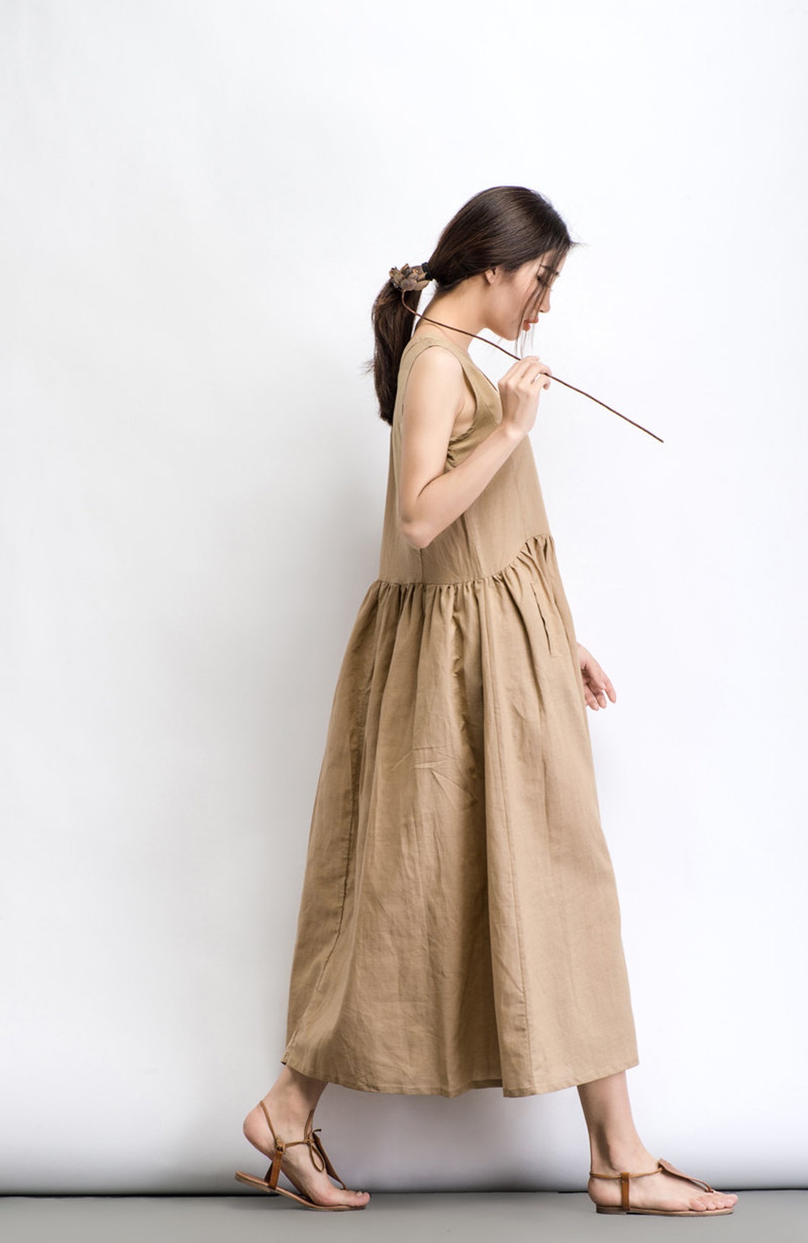 Beige Linen Dress Maxi Neutral Color V Neck Sleeveless Etsy