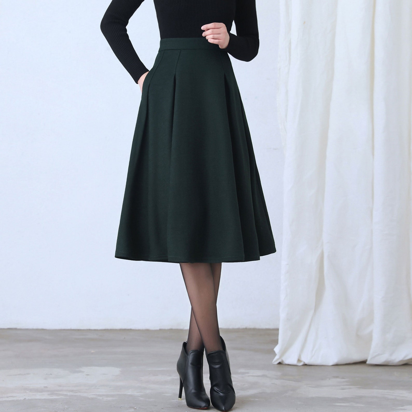 A Line Wool Skirt Women Pleated Midi Wool Skirt High Waist - Etsy