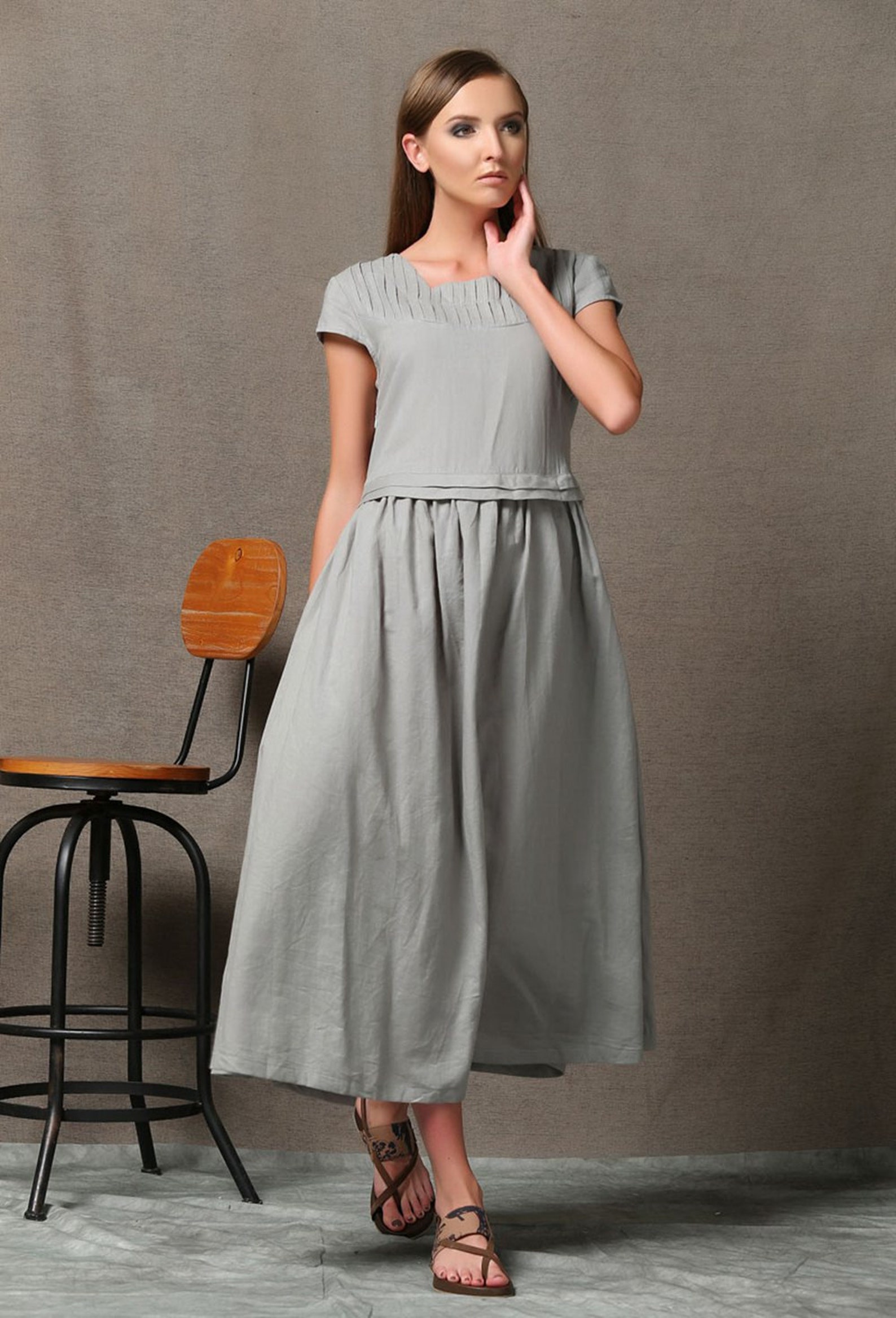Gray Linen Dress Plus Size Maxi Dress With Pockets Short Etsy
