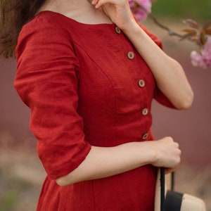 Linen Dress, Long Linen Dress, Red Everyday Comfortable Fit & Flare ...