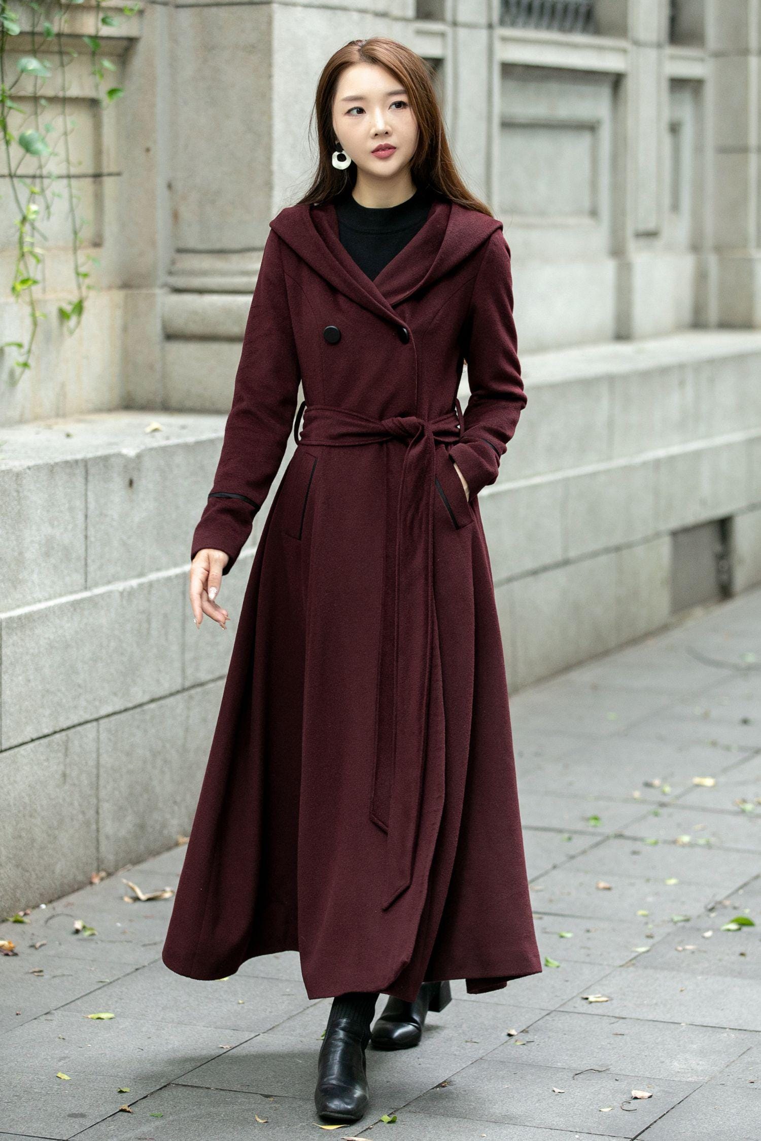 Hooded Wool Coat, Maxi Wool Coat, Burgundy Wool Coat, Long Wool Coat ...