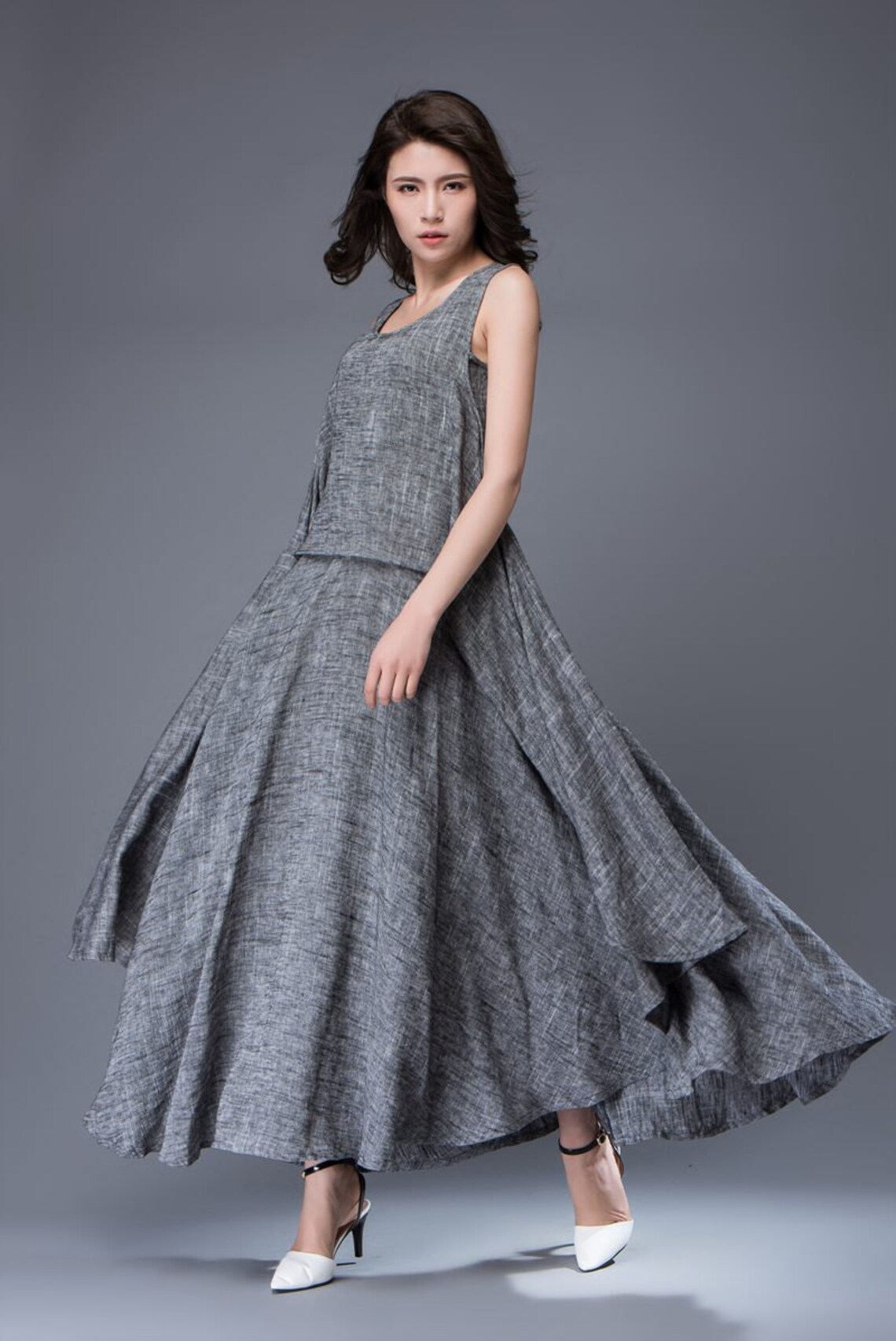 Gray Linen Dress Layered Flowing Elegant Sleeveless Long Etsy