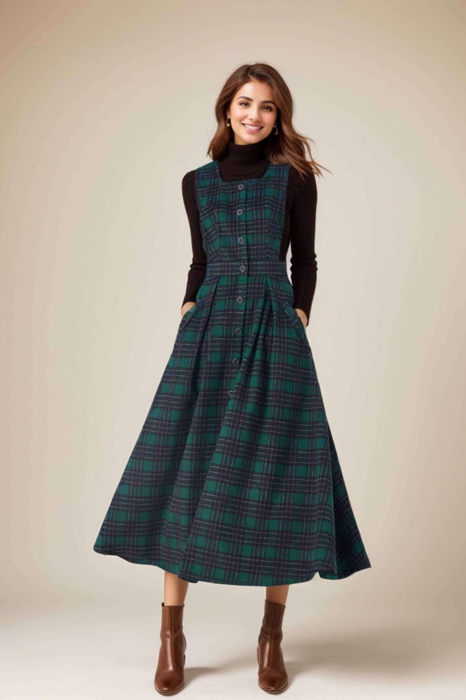Pinafore Wool Dress, Plaid Wool Dress, Winter Wool Dress, Wool Midi ...