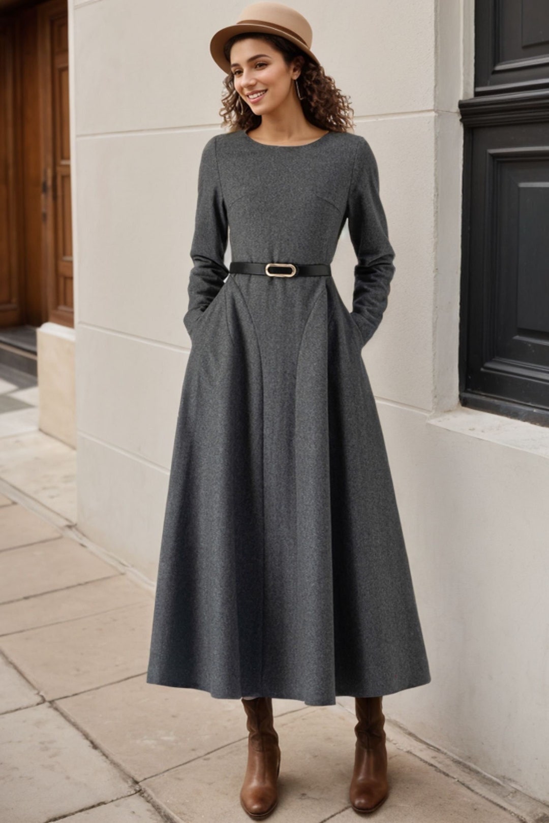 Winter Wool Dress, Gray Dress, Swing Dress, Dress With Pockets, Wool ...