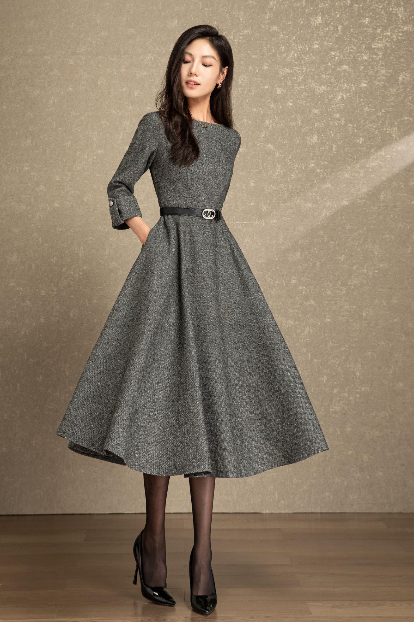 Swing Wool Dress Women, Fit and Flare Dress, Grey Wool Dress, Midi Wool ...