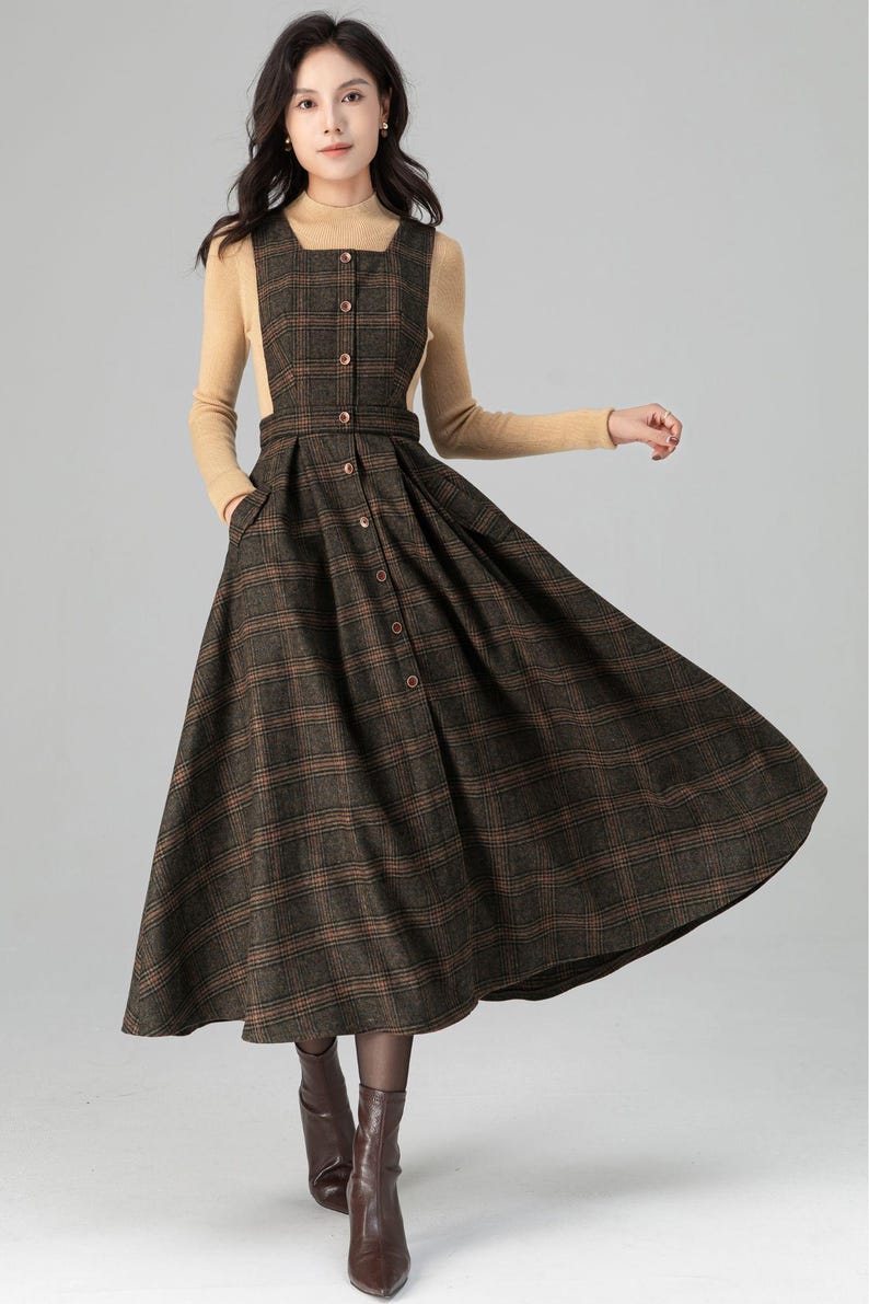 Plaid Wool Pinafore Dress: Vintage Inspired A-line Midi With Pockets ...