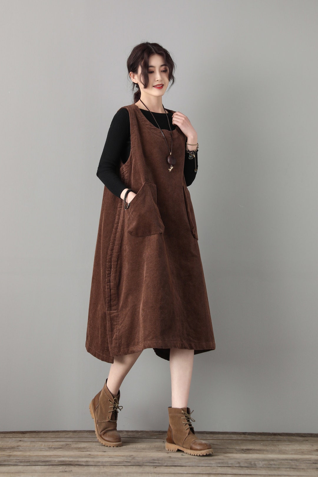 Women’s Brown Corduroy Dress, Shift Dress, Sleeveless Corduroy Dress ...