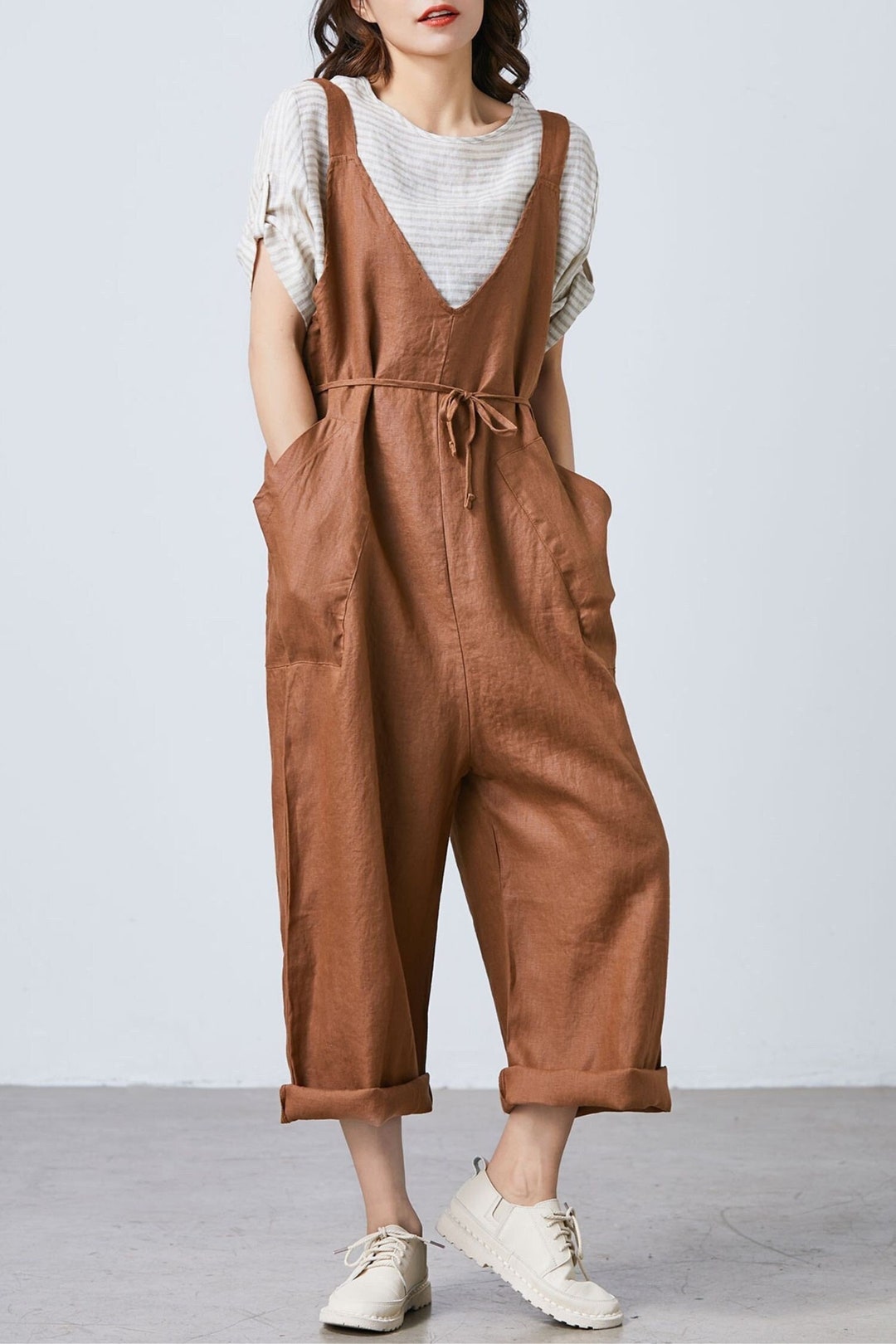 Baggy Brown Overalls, Summer Linen Harem Overalls, Oversized Belted Bib ...