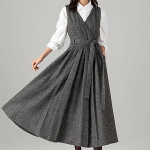 Grey Wool Blend Midi Pinafore Dress: Sleeveless A-line Pleated Winter ...
