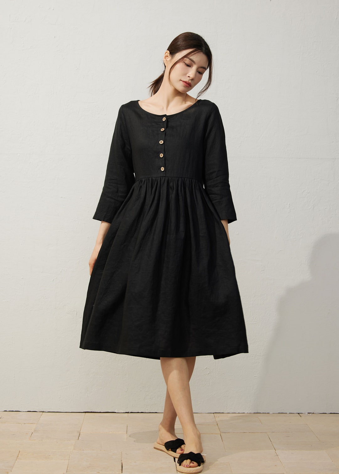 House Dress, Black Linen Dress, Women's Button up Midi Dress Women ...