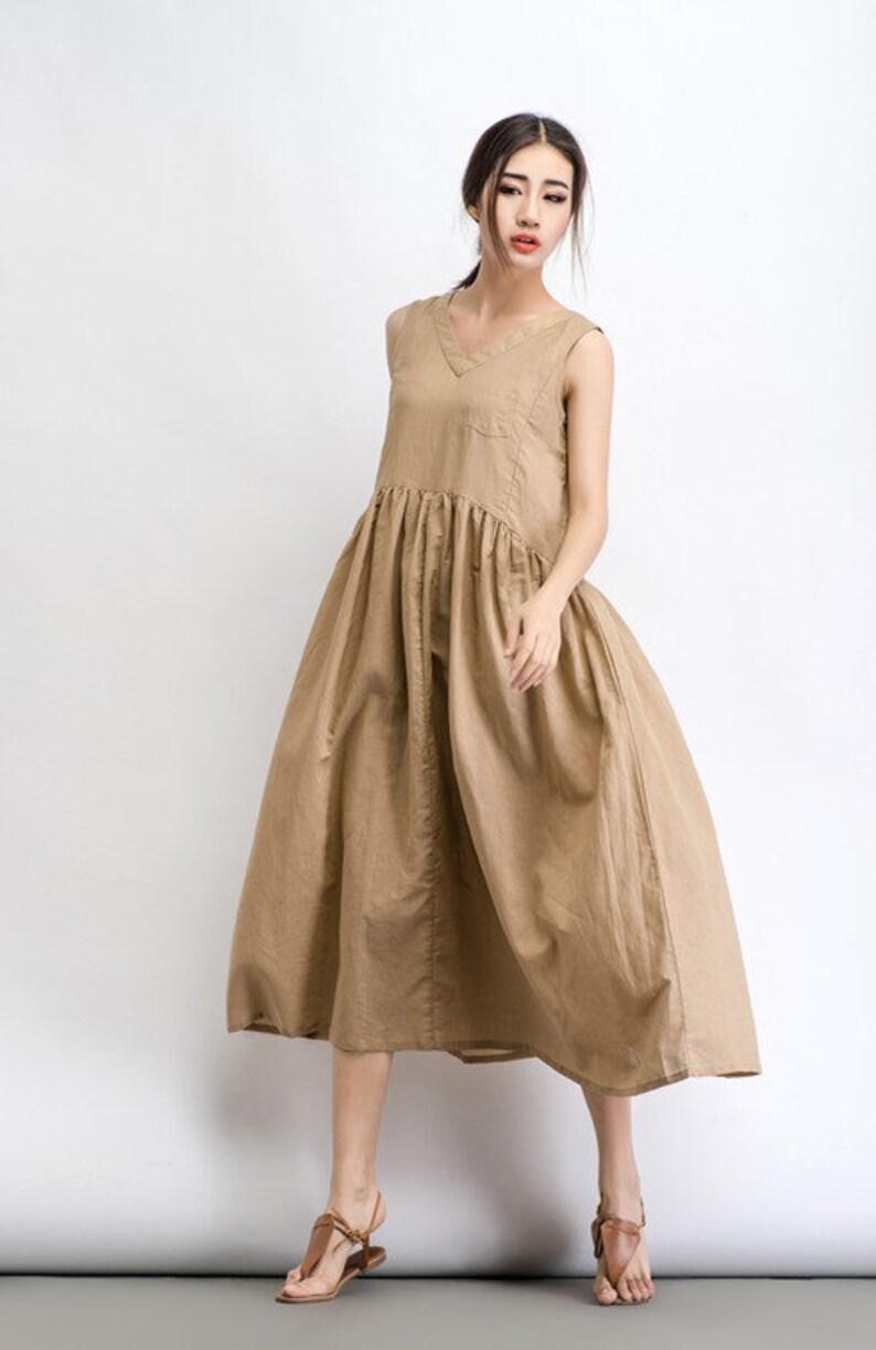 Beige Linen Dress Maxi Neutral Color V Neck Sleeveless Etsy