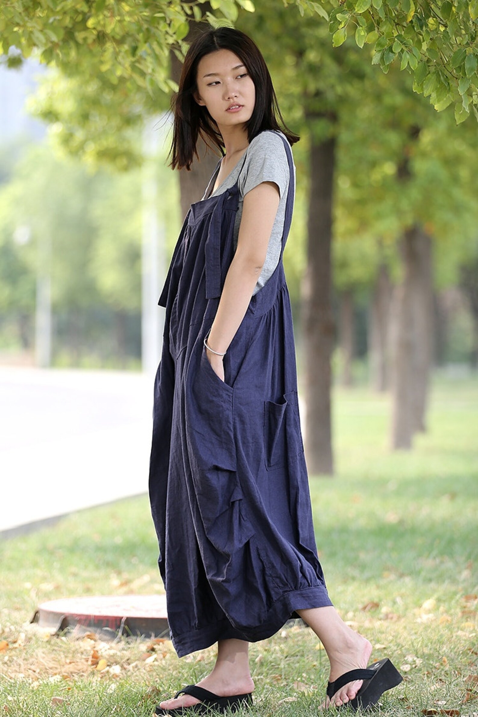 Linen Pinafore Dress Blue Long Suspender Dress With Bud Shape - Etsy