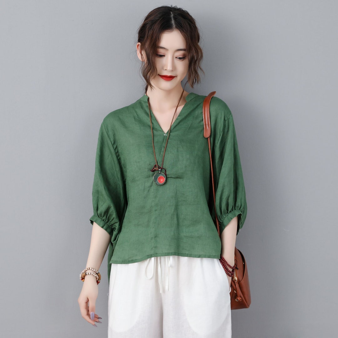 Linen Blouse, Green Linen Tops, Linen Blouse for Women, Oversized Linen ...