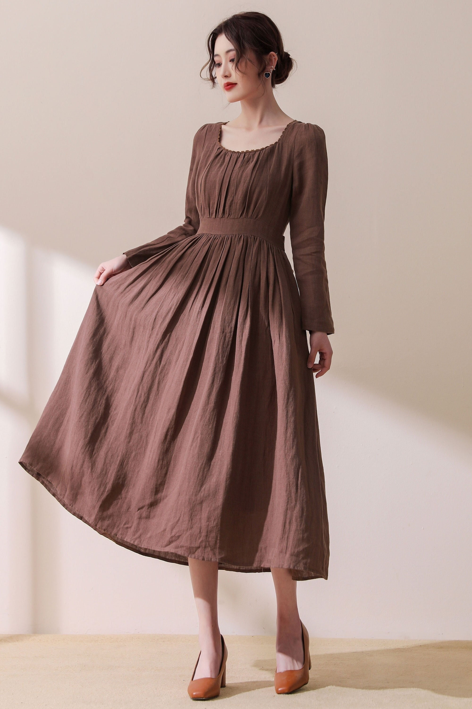 Linen Dress, Women's Long Sleeve Linen Midi Dress in Brown Linen Dress, Women's Long Sleeve Linen Midi Dress in Brown
