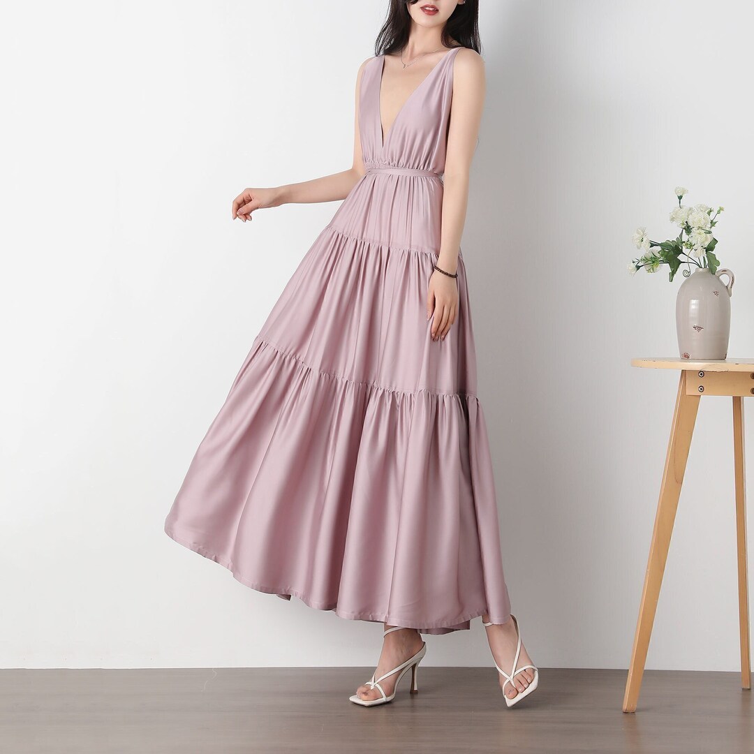 Backless Maxi Dress, Pink Dress, Deep V Neck Dress, Dress for Women ...