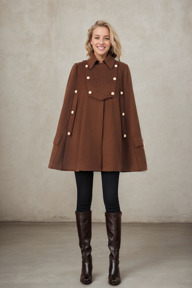 Wool Coat, Womens Cape Coat, Cape Coat, Brown Wool Coat, Wool Cape Coat ...