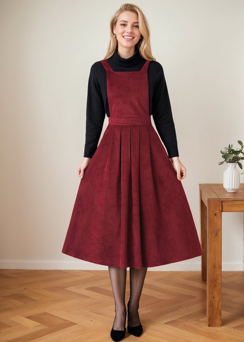 Burgundy Corduroy Pinafore Dress, Pleated Midi Apron, Plus Size ...