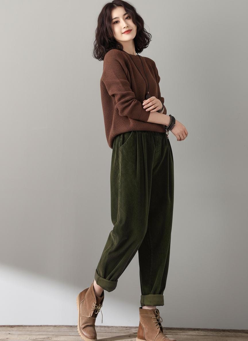 Olive Green Corduroy Harem Pants: Women Oversized Boho Trousers ...