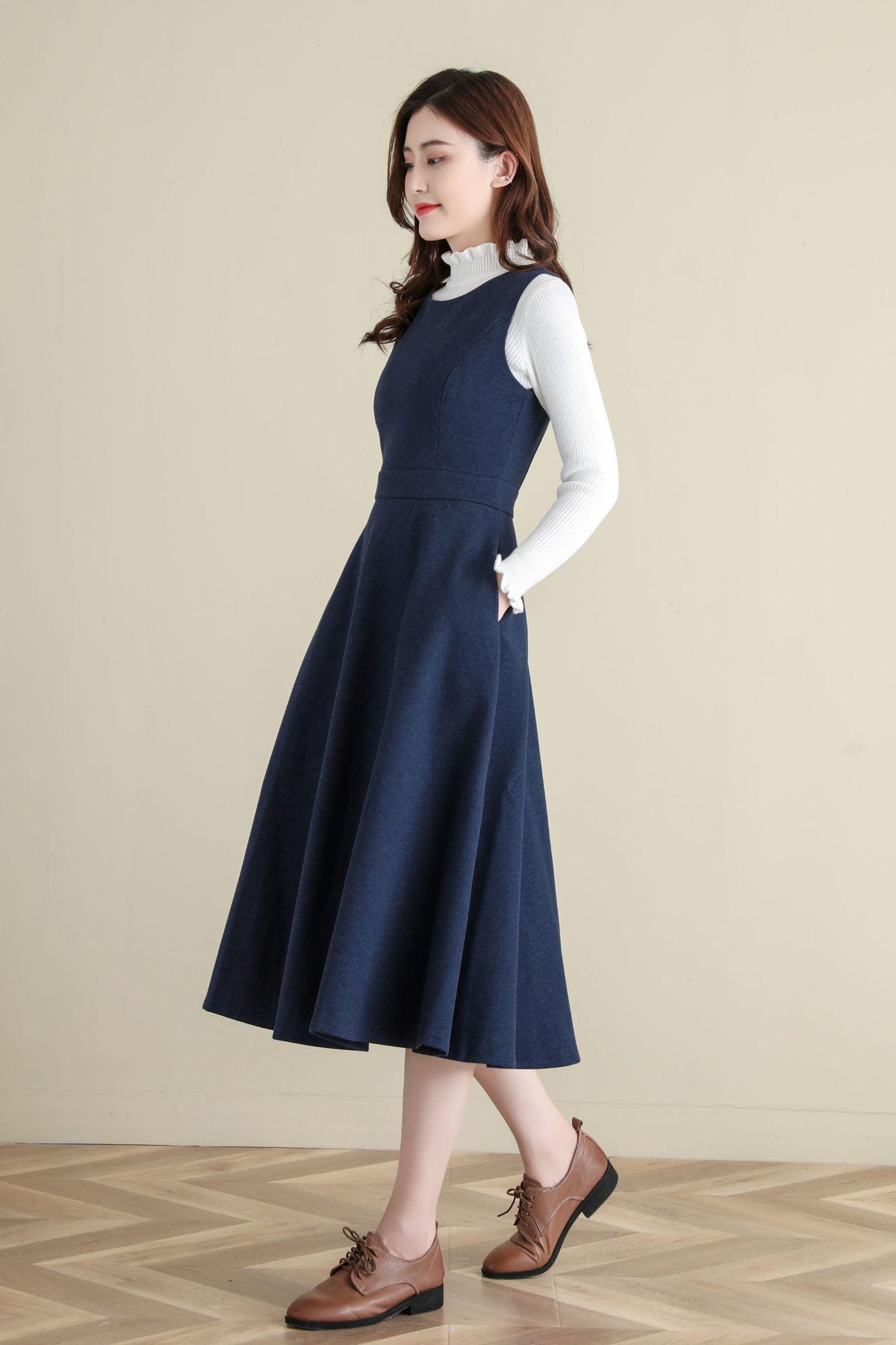 Blue Wool Dress, Winter Wool Pinafore Dress Women, A-line Wool Midi ...