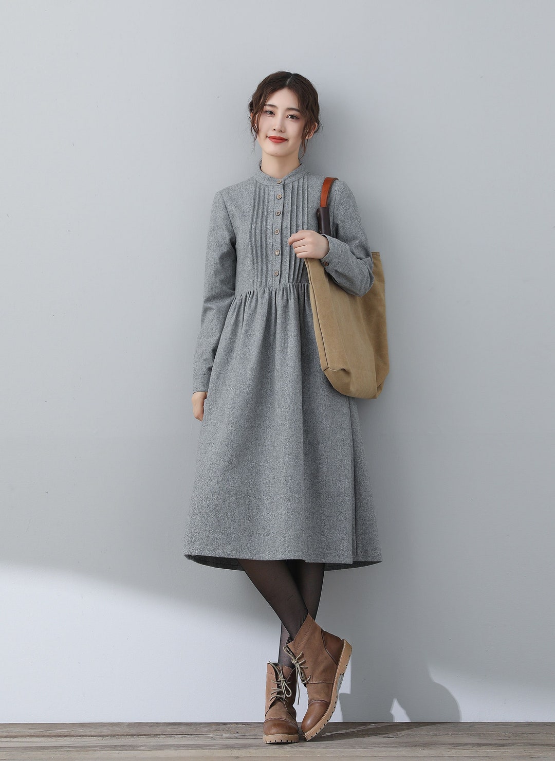 Gray Wool Dress, Womens Wool Midi Dress, Shirt Dress, Dress With ...