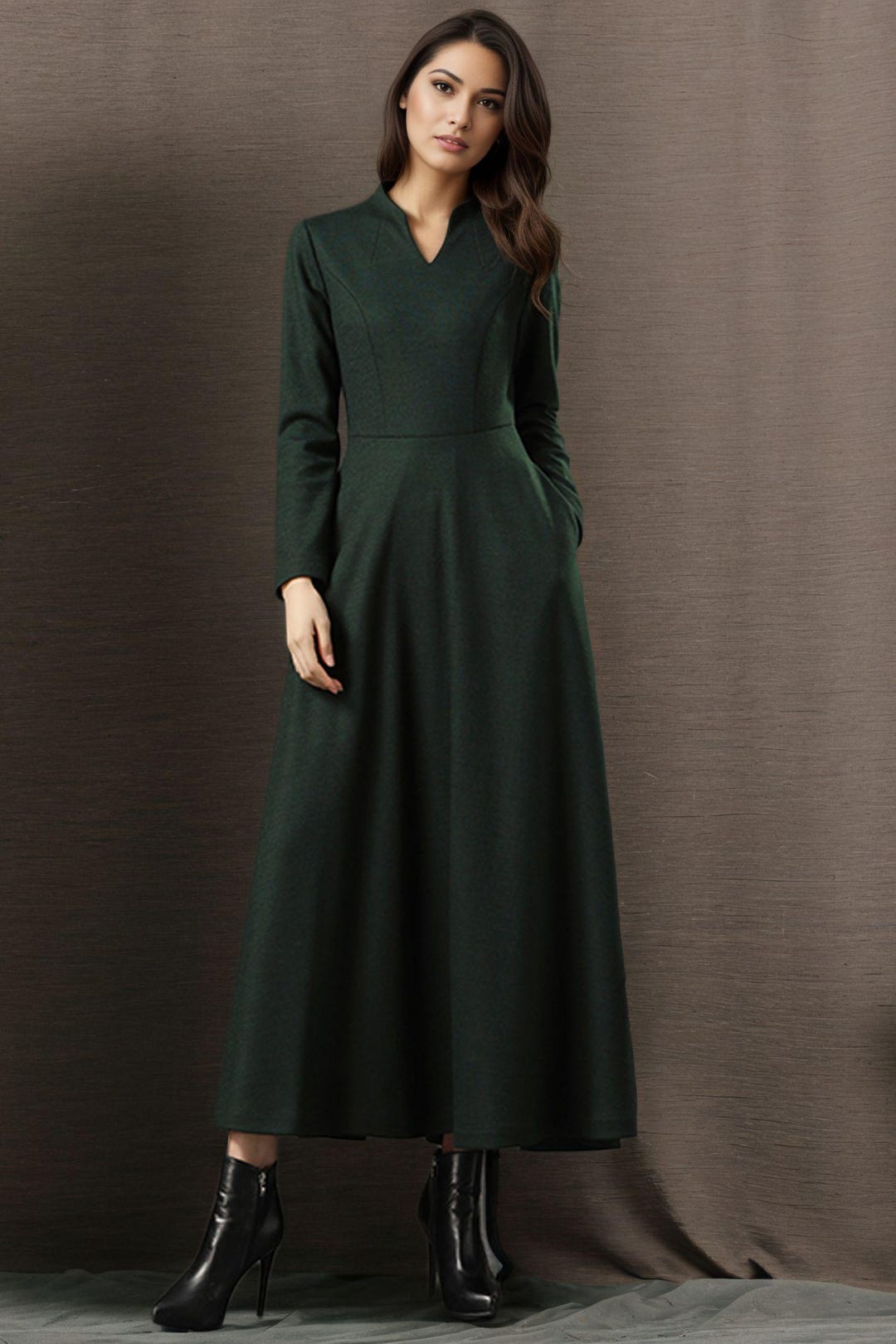 Dark Green Wool Dress, Classic Winter Midi Wool Dress, Long Wool Dress ...