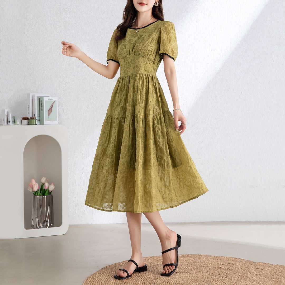 Midi Dress, Women's Summer Dress, Green Dreen, Puff Sleeve Dress, A ...