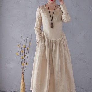 Linen Dress Beige Linen Dress Long sleeve Linen Dress Long | Etsy