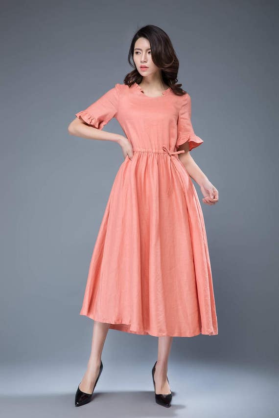 Pink Linen Dress Summer Long Dress Short Sleeve Dress Fit Etsy