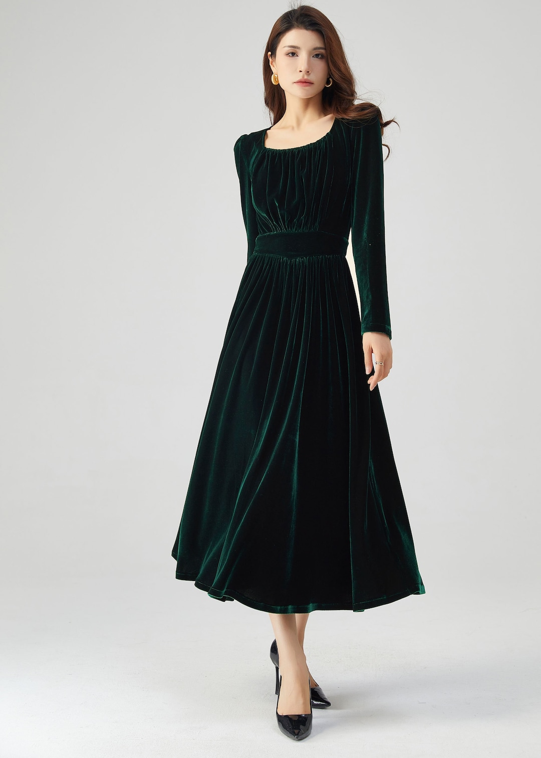 Green Velvet Dress, Autumn Dress Women, Long Sleeves Dress, Fitted ...