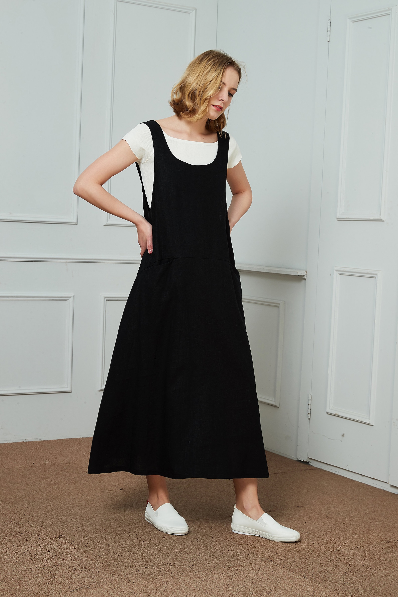 Linen Dress Linen Pinafore Dress Black Pinafore Dress Women - Etsy