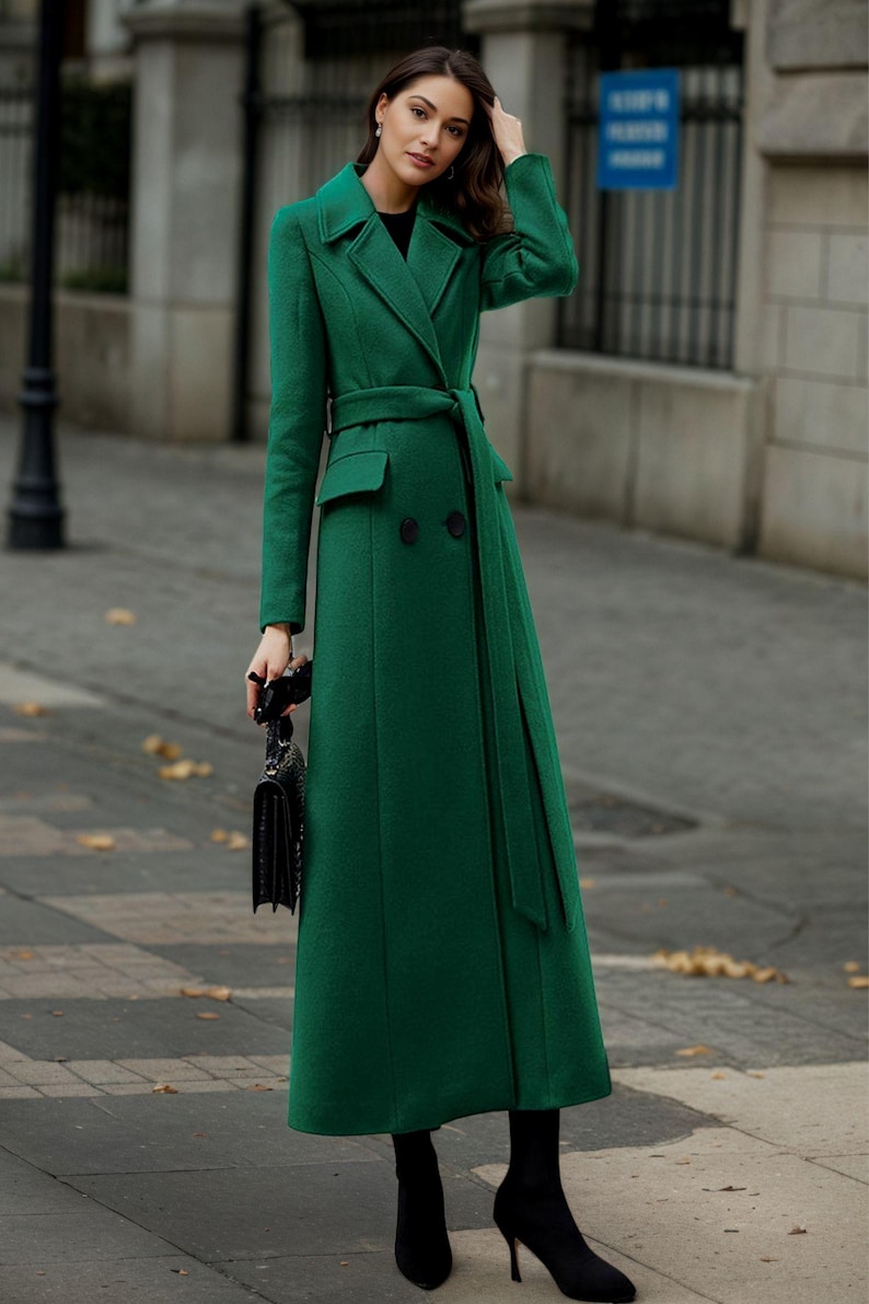 Emerald Green Wool Coat, Long Wool Coat, Double-breasted Wool Coat ...