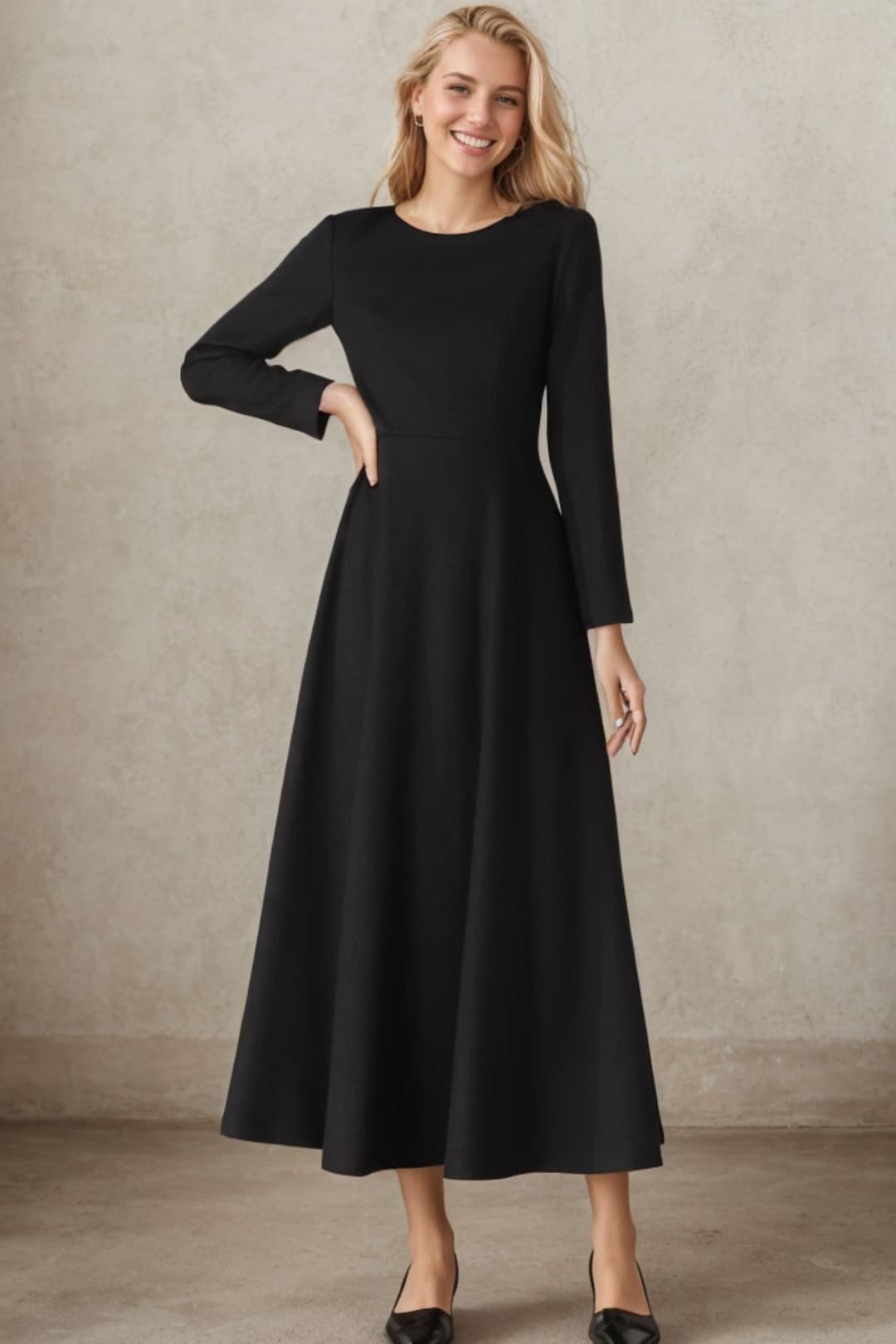 Long Wool Dress, Black Wool Dress, Winter Wool Dress, Fit and Flare ...