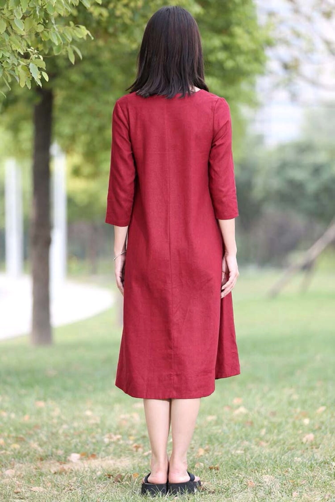 Red Linen Dress Midi Length Loose-Fitting Plus Size V-Neck | Etsy
