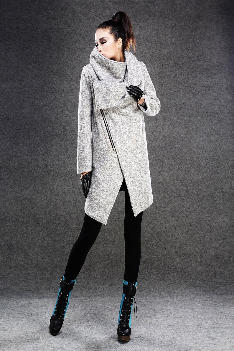 Modern Wool Gray Coat With Asymmetrical Front Zipper And Large Etsy