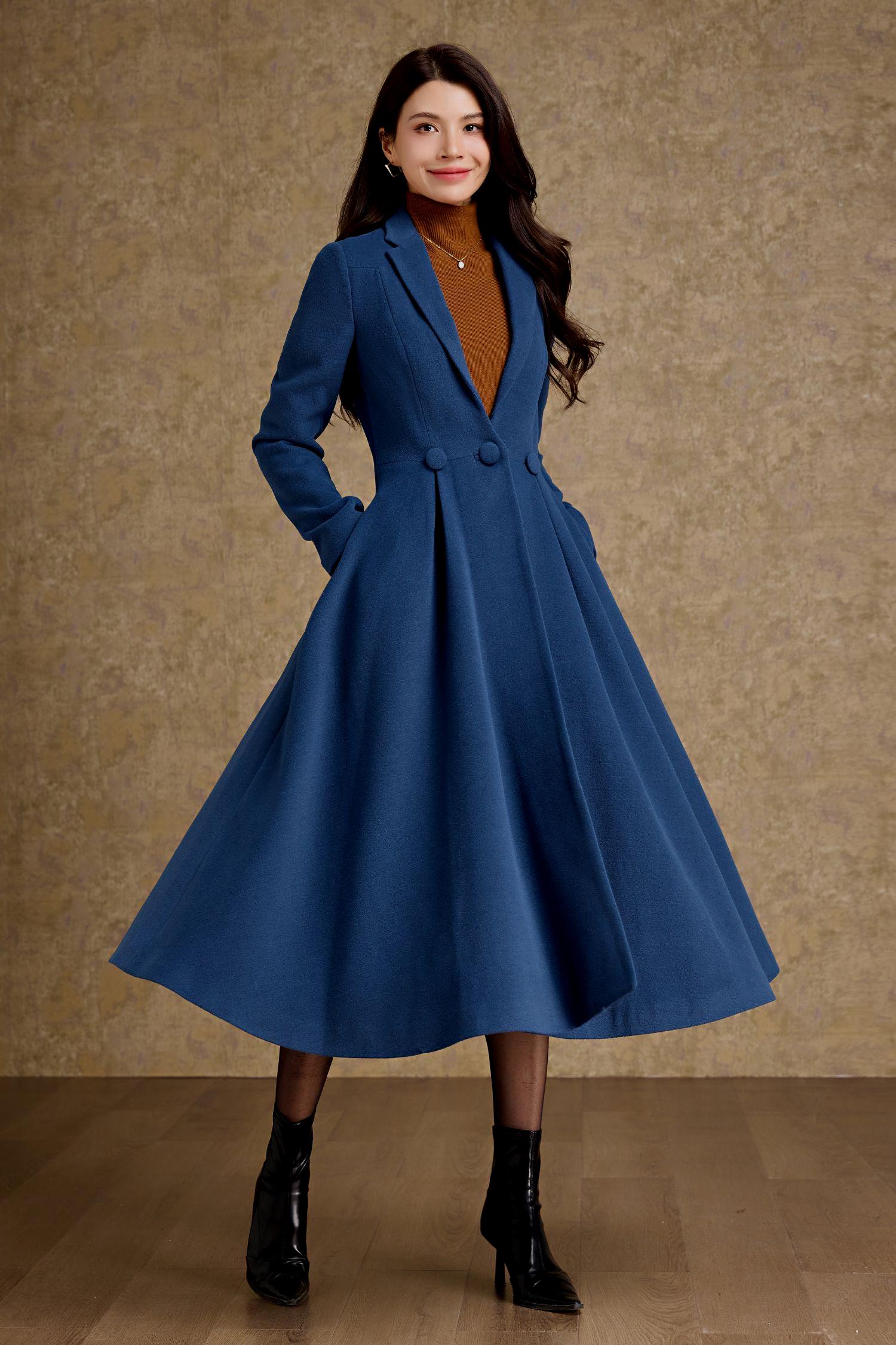 Womens Blue Retro Wool Coat, Long Wool Princess Coat, Swing Wool Coat ...