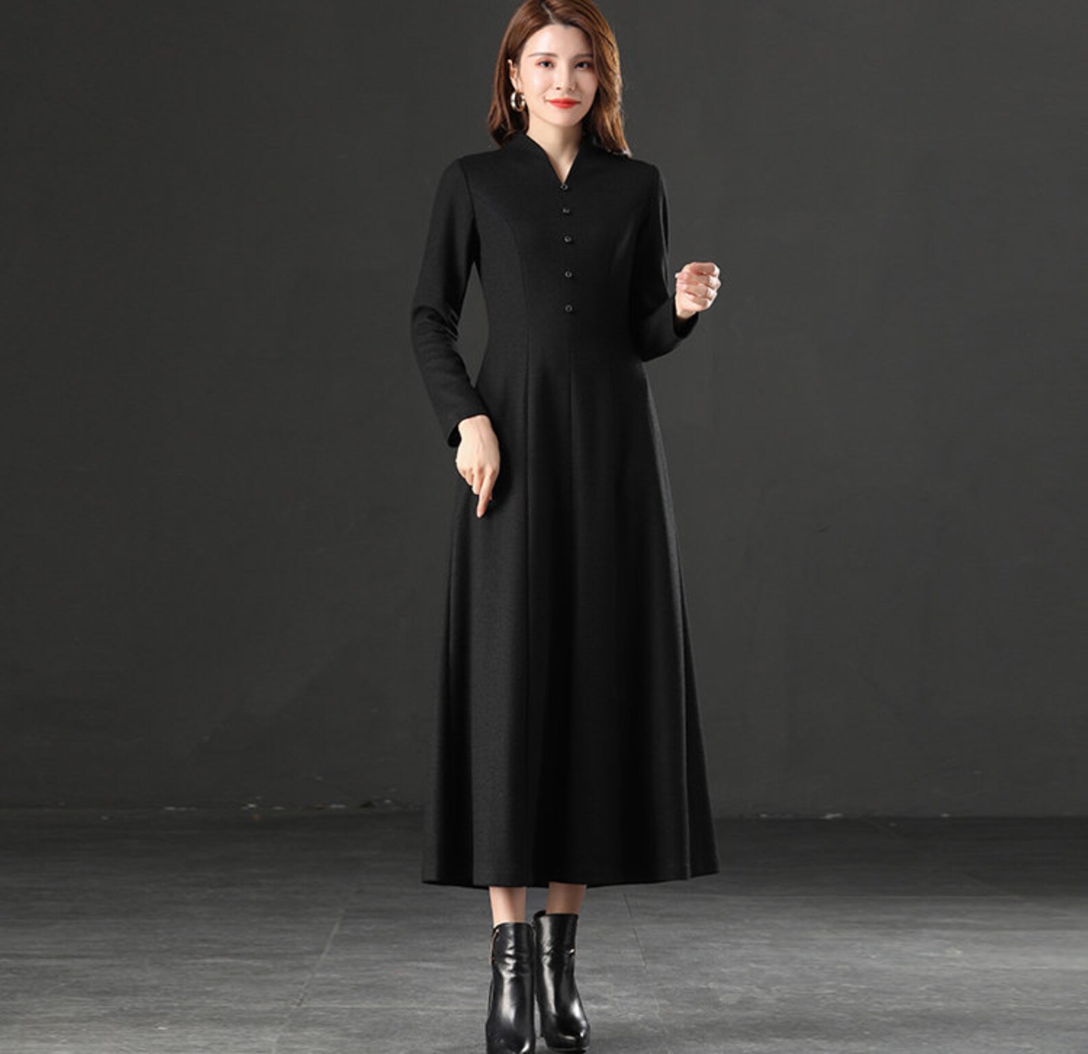 Women Vintage Inspired Black Wool Dress, A Line Wool Dress, Peter Pan ...