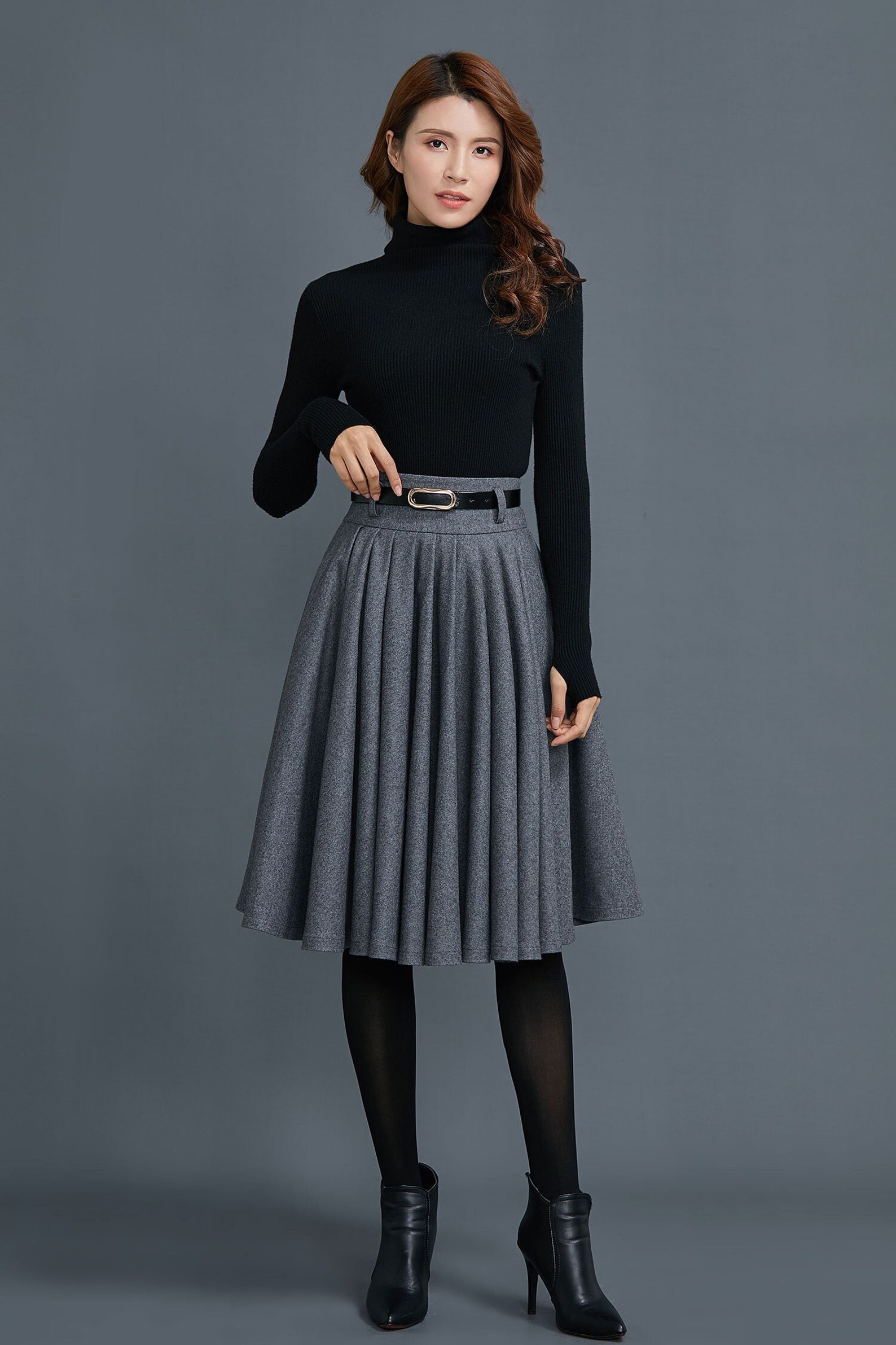 Knee Length Circle Wool Skirt For Women Pleated Winter Skirt Etsy