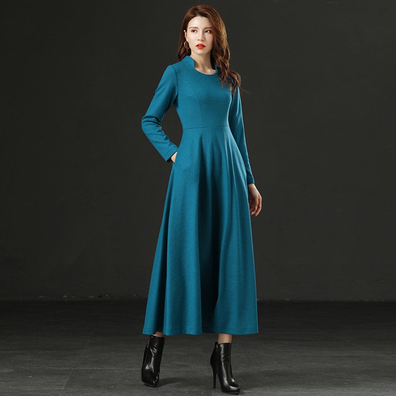 Long Wool Dress Womens Long Sleeve Winter Wool Dress Blue | Etsy